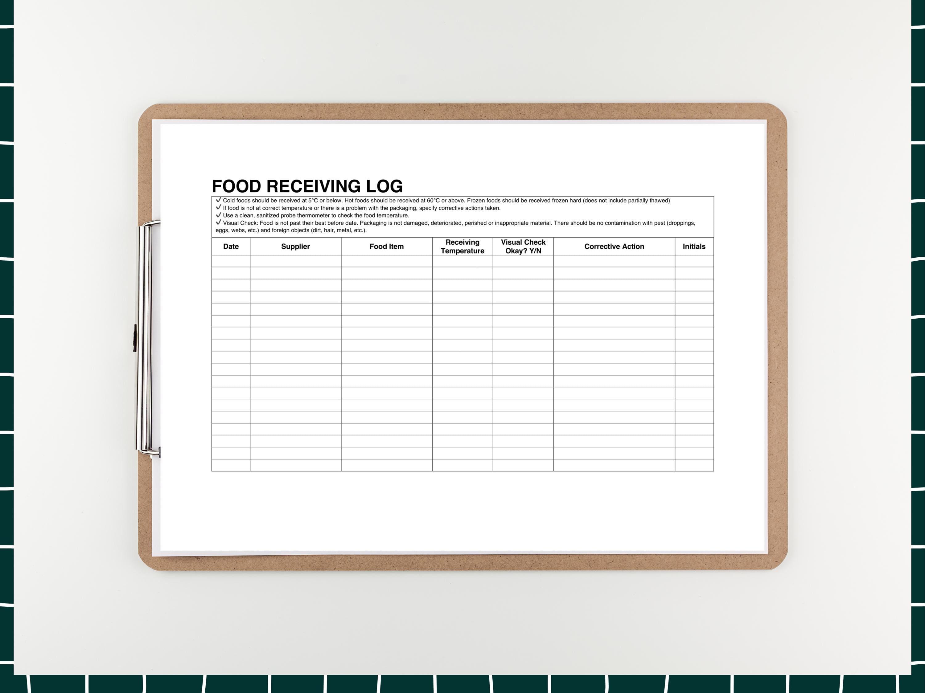 Restaurant Food Receiving Log, HACCP Food Temperature Log Template, Food Safety Record ...