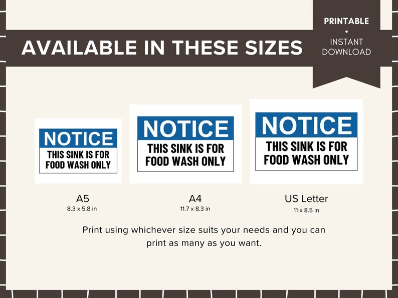 Printable Notice, Food Wash Sink Only, Instant Download, Public Spaces ...