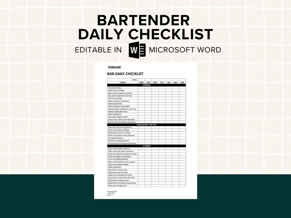 Bar Daily Operating Checklist Opening Side Work Closing for Restaurant ...