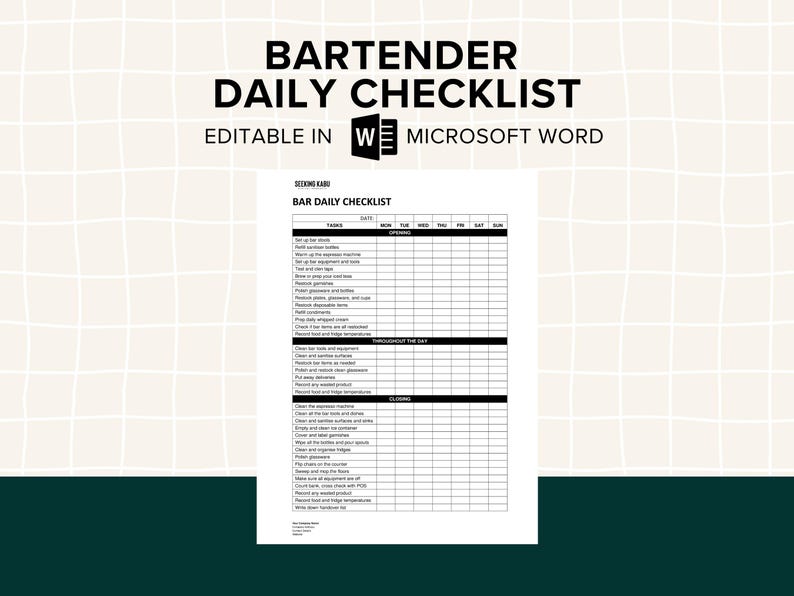 Bar Daily Operating Checklist Opening Side Work Closing for Restaurant and Bars Training List ...