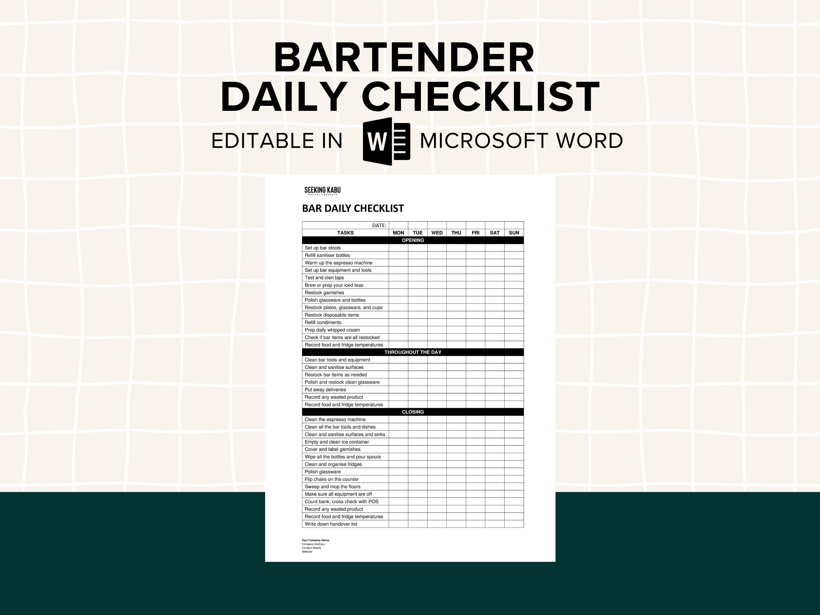 Bar Daily Operating Checklist Opening Side Work Closing for Restaurant and Bars Training List ...