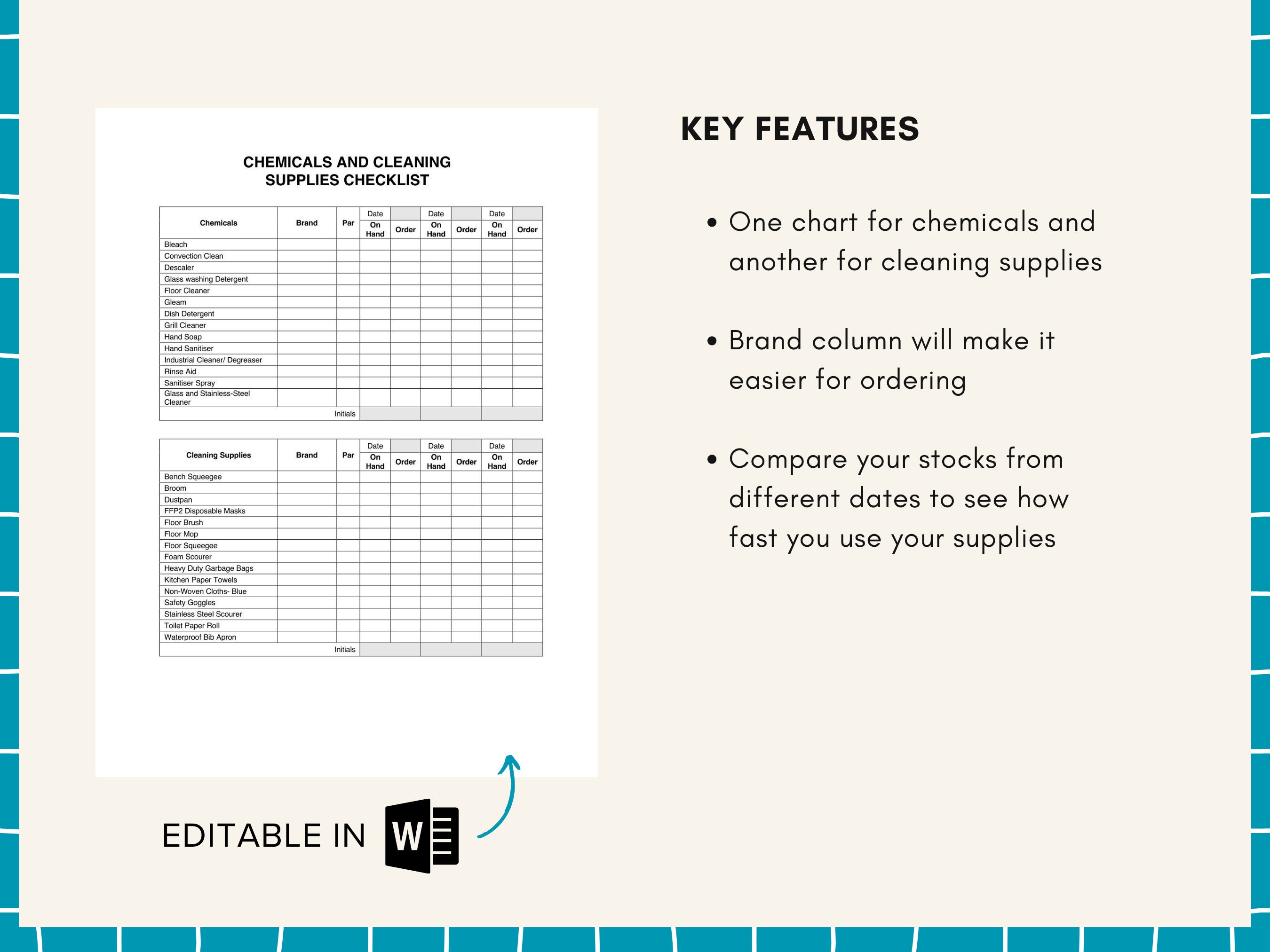 Restaurant Cleaning Supplies Checklist; Chemicals Par List; Supplies ...