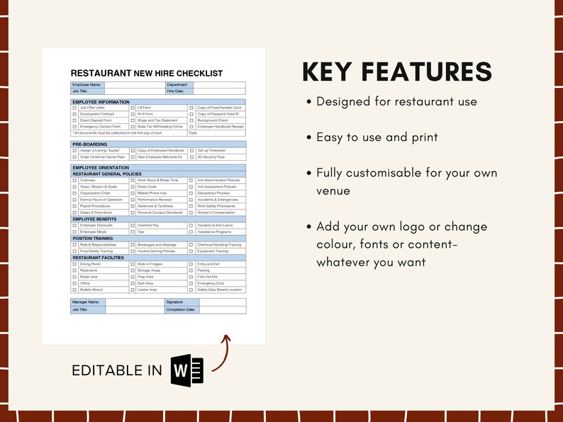 Restaurant New Hire Checklist, Cafe, Bar, Casual, Fine Dining, Weekly ...