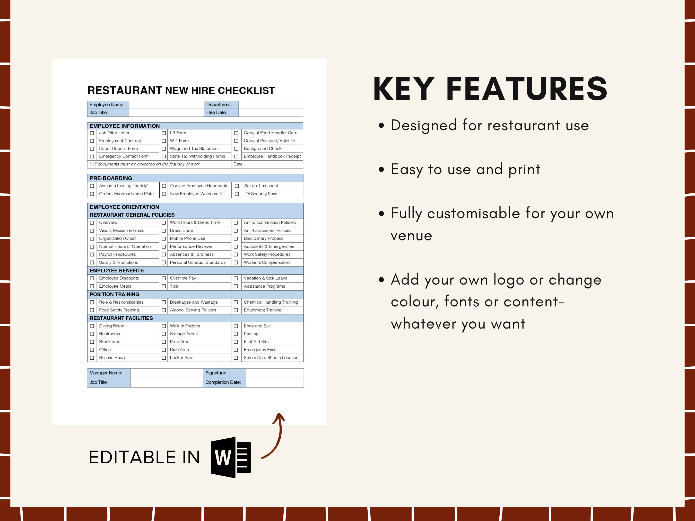 Restaurant New Hire Checklist, Cafe, Bar, Casual, Fine Dining, Weekly ...