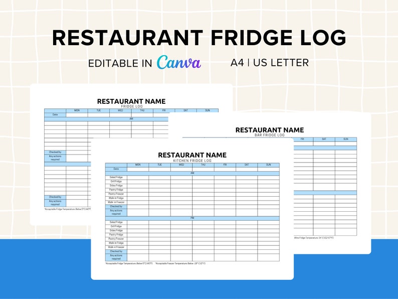 Restaurant Fridge Temperature Log, Commercial Kitchen and Bar, AM and ...
