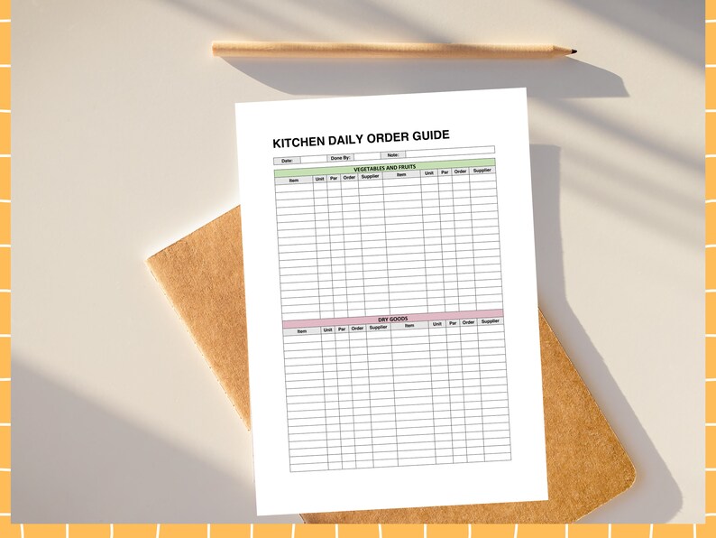 Kitchen Daily Order List, Order Guide. Restaurant and Cafe, Checklist ...