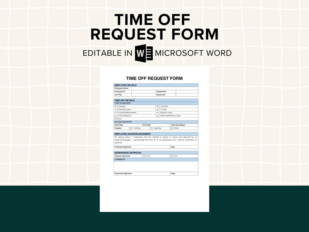 Time off Request Form, Microsoft Word Template, HR Official Forms ...