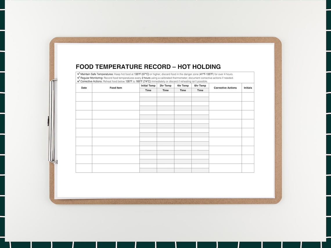 Hot Holding Temperature Log, Editable Hot Food Holding Temperature ...