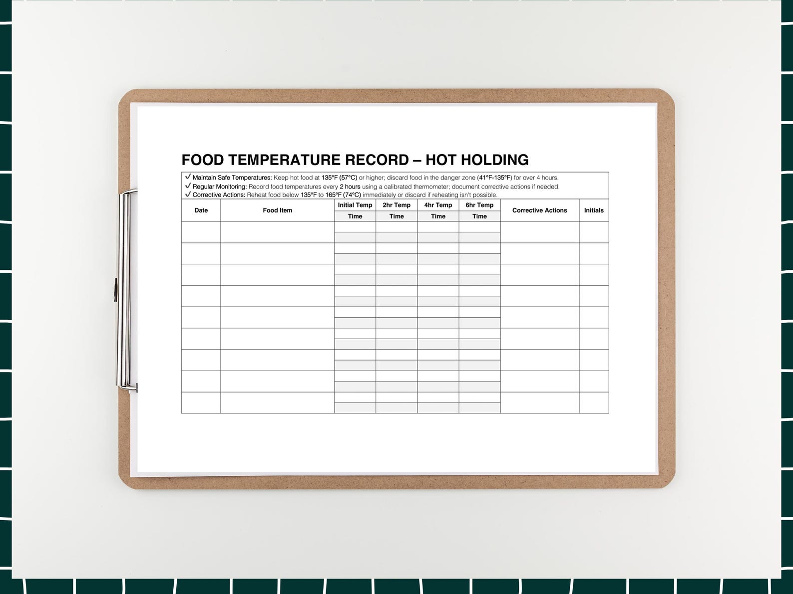 Hot Holding Temperature Log, Editable Hot Food Holding Temperature ...