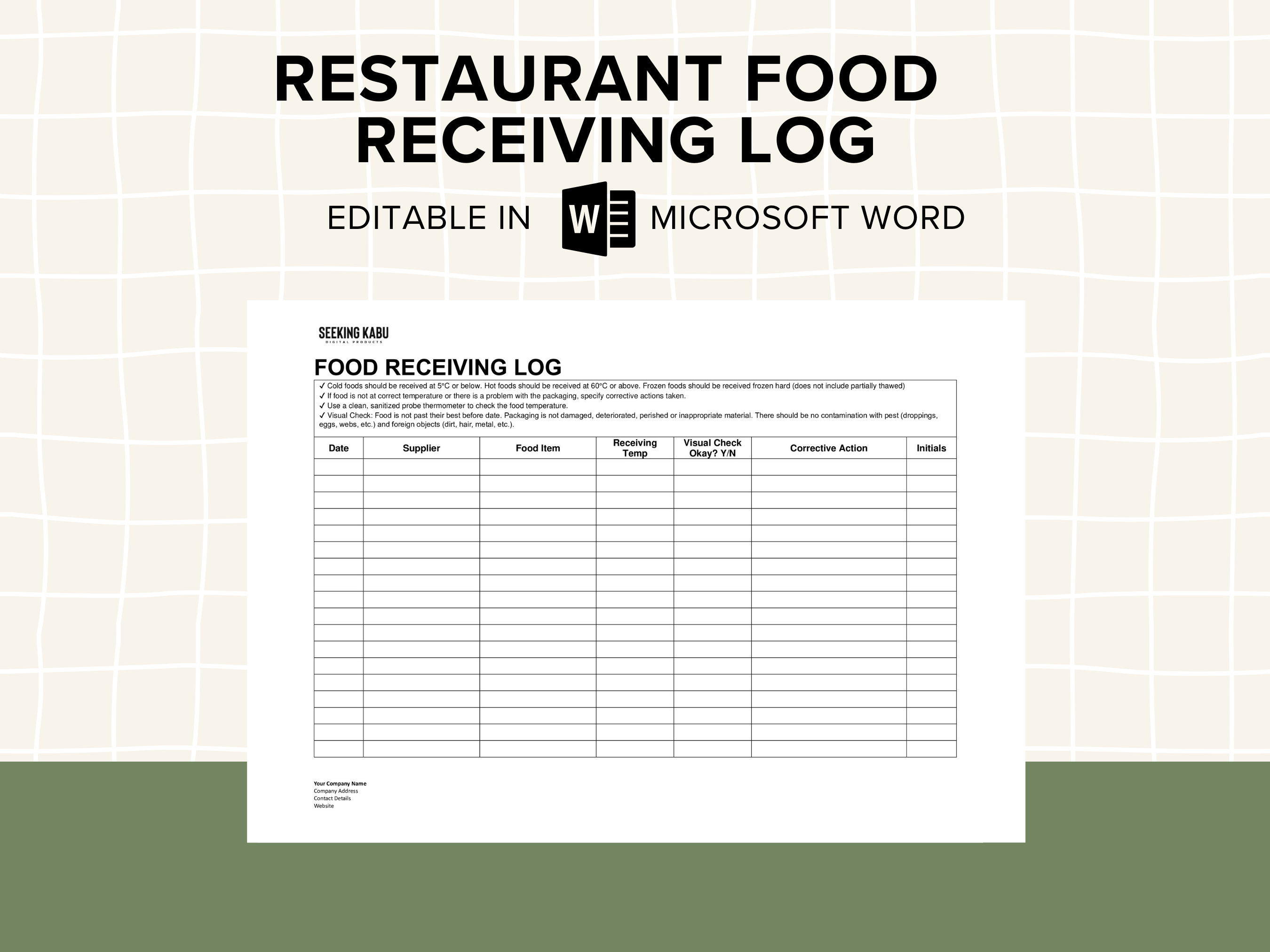 Restaurant Food Receiving Log, HACCP, Temperature Log, Food Safety ...