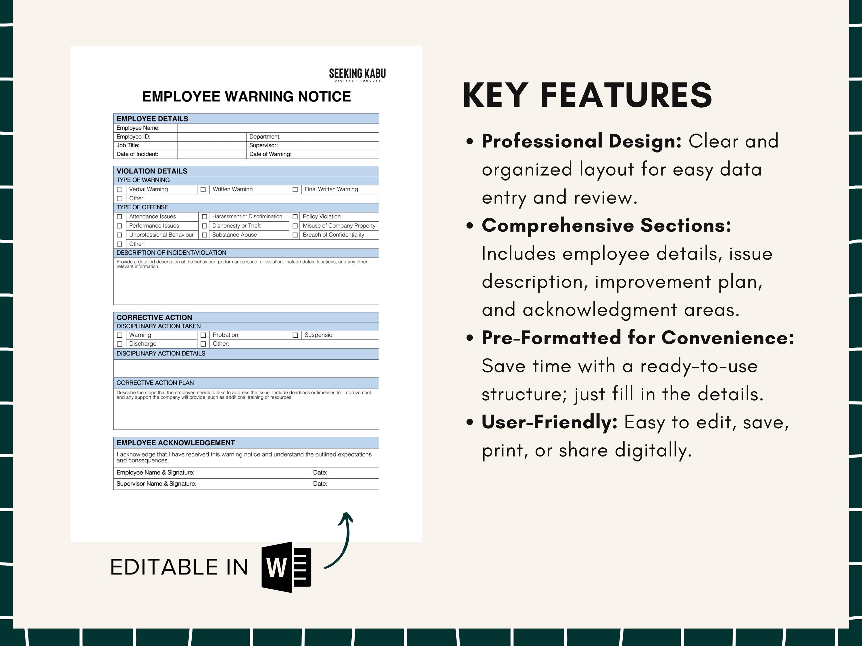 Employee Conduct Warning Notice, Disciplinary Action Form, Written ...
