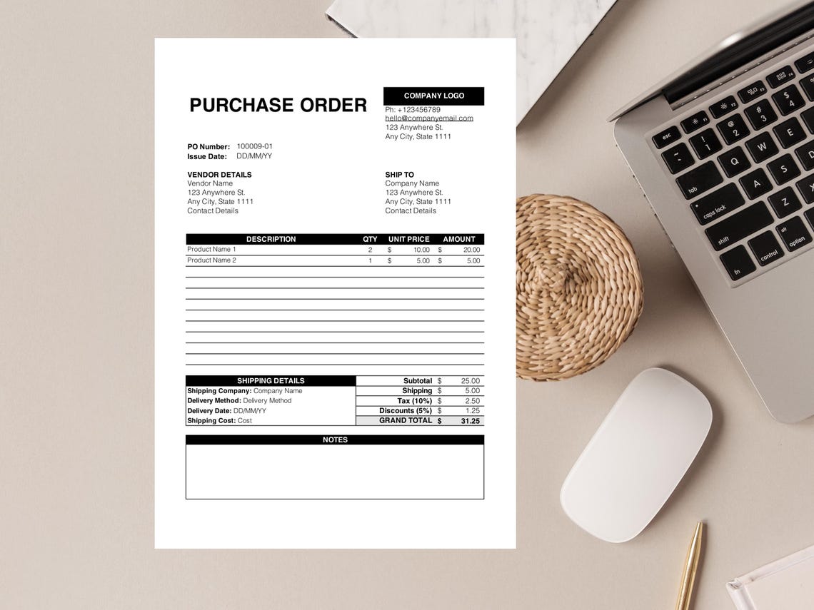 Purchase Order Template, Vendor Order Form, Procurement Form, Editable ...