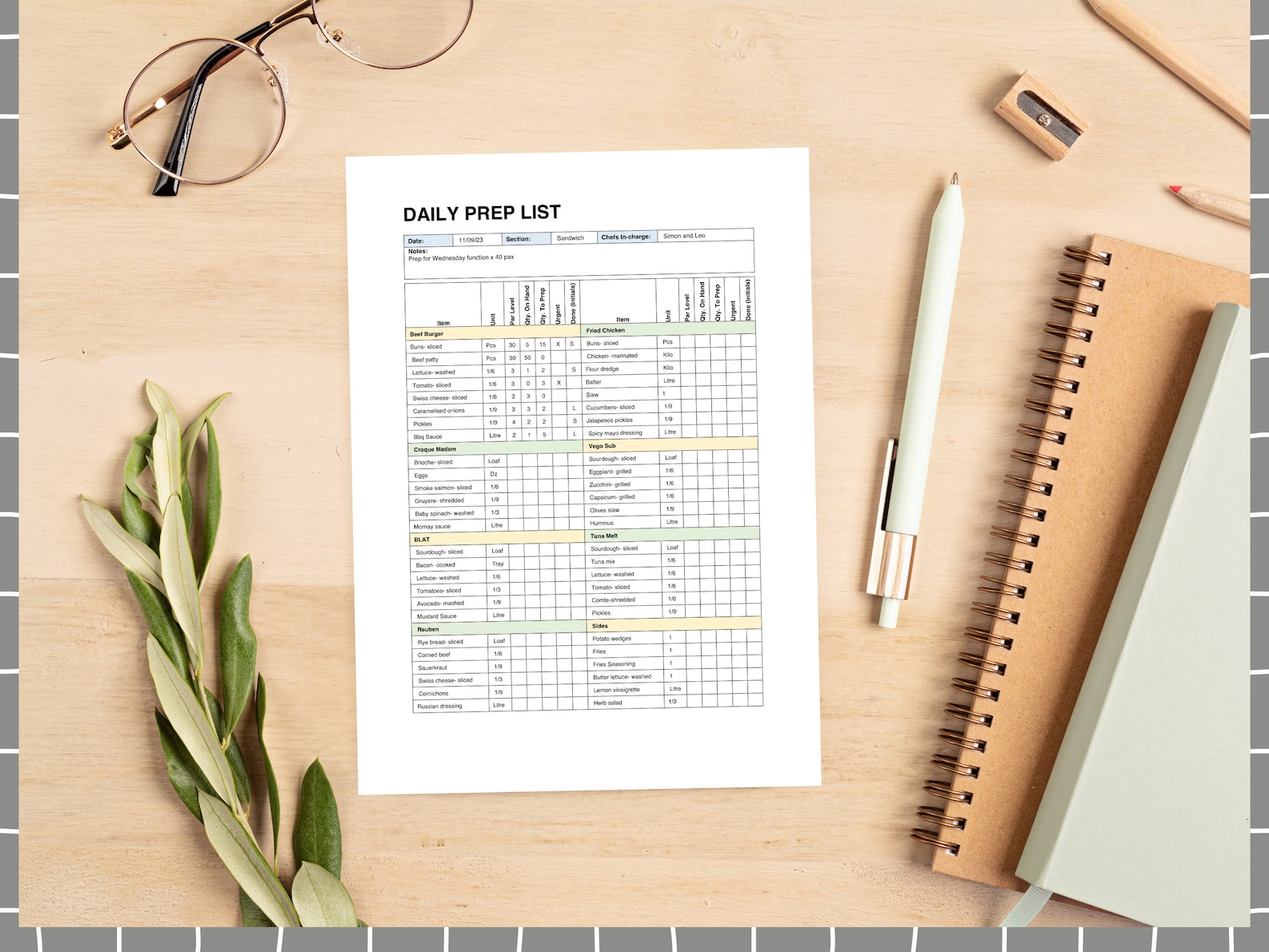 Kitchen Daily Prep List, Shift Handover Notes Fot Chefs, Restaurant and ...