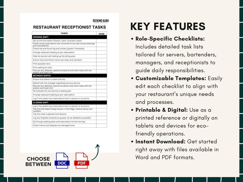 Restaurant FOH Daily Checklist, Server, Bartender, Manager ...
