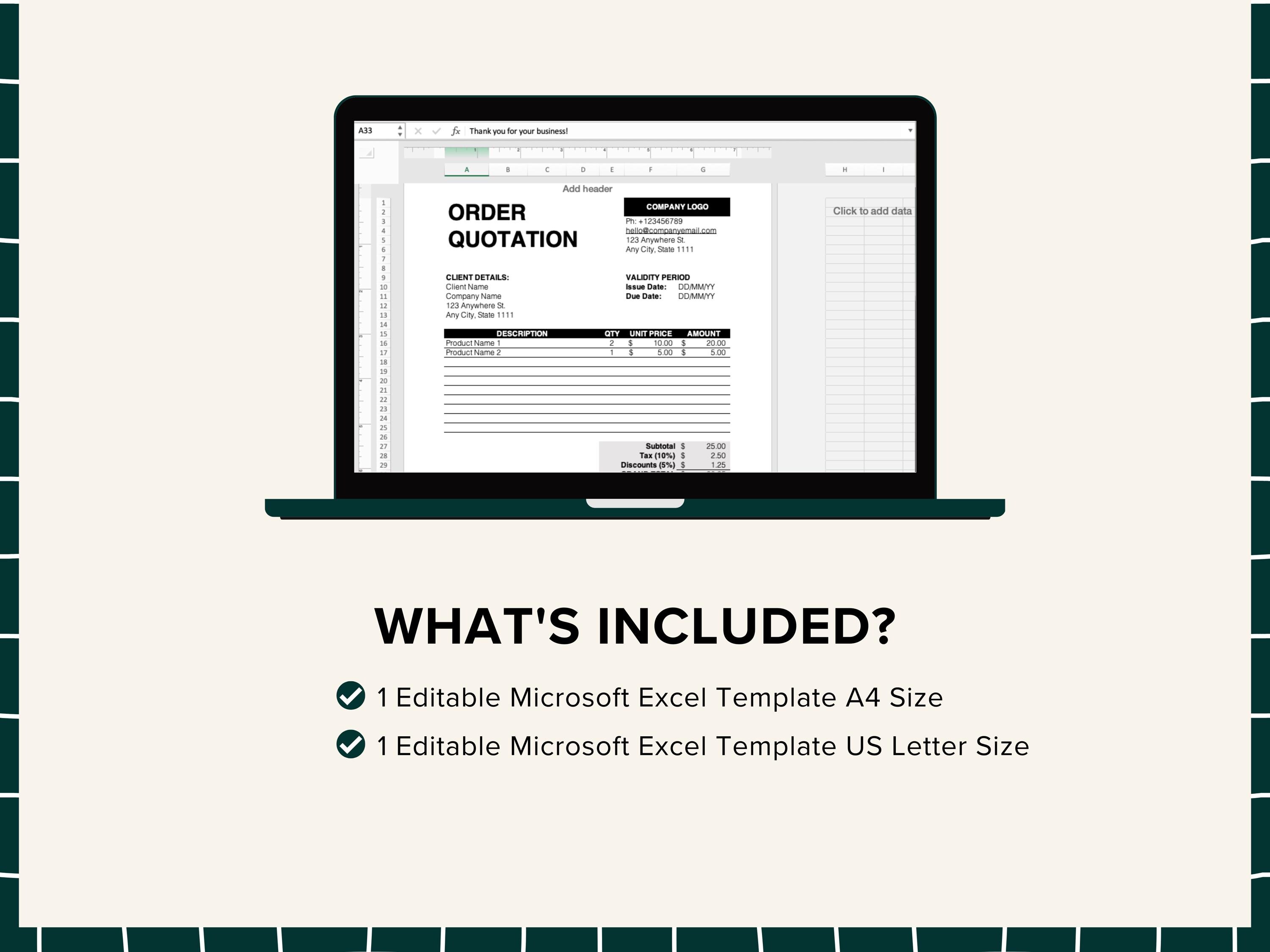 Order Quotation Excel Template, Custom Printable Business Forms ...