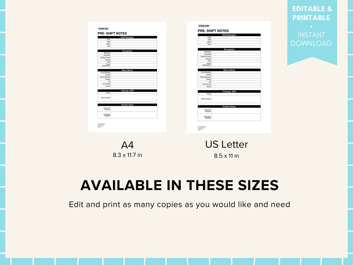 Restaurant Pre-shift Notes; FOH and BOH; Chefs, Waiters; Cafe, Catering ...