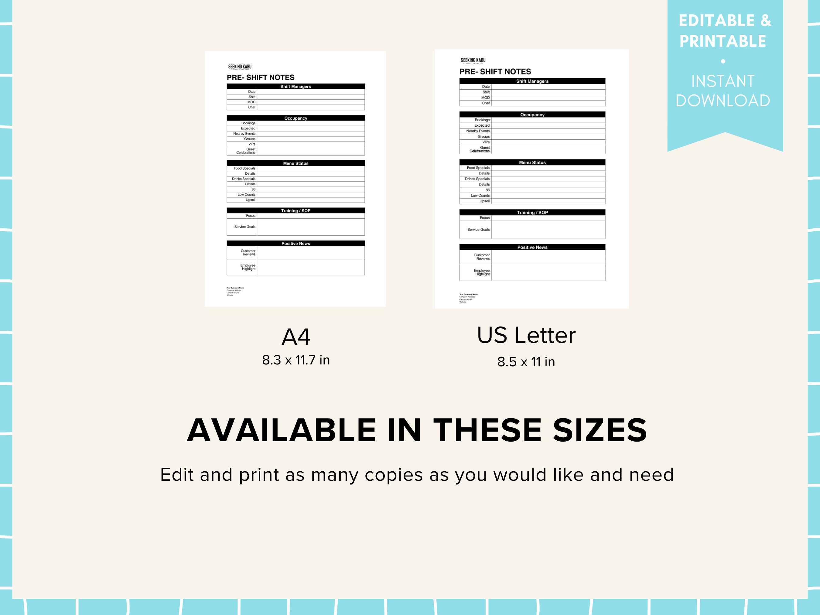 Restaurant Pre-shift Notes; FOH and BOH; Chefs, Waiters; Cafe, Catering ...