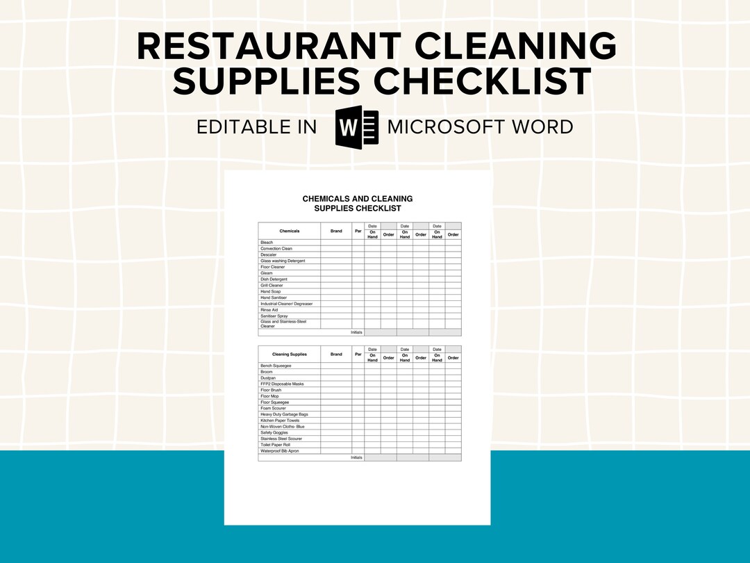 Restaurant Cleaning Supplies Checklist; Chemicals Par List; Supplies ...