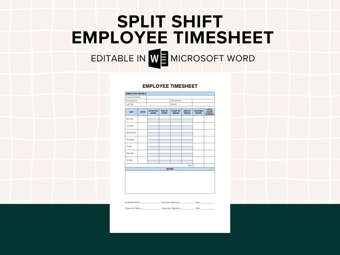 Printable Weekly Time Sheet, Split Shift, Employee Timesheet Log Form ...