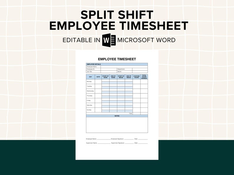 Printable Weekly Time Sheet, Split Shift, Employee Timesheet Log Form ...