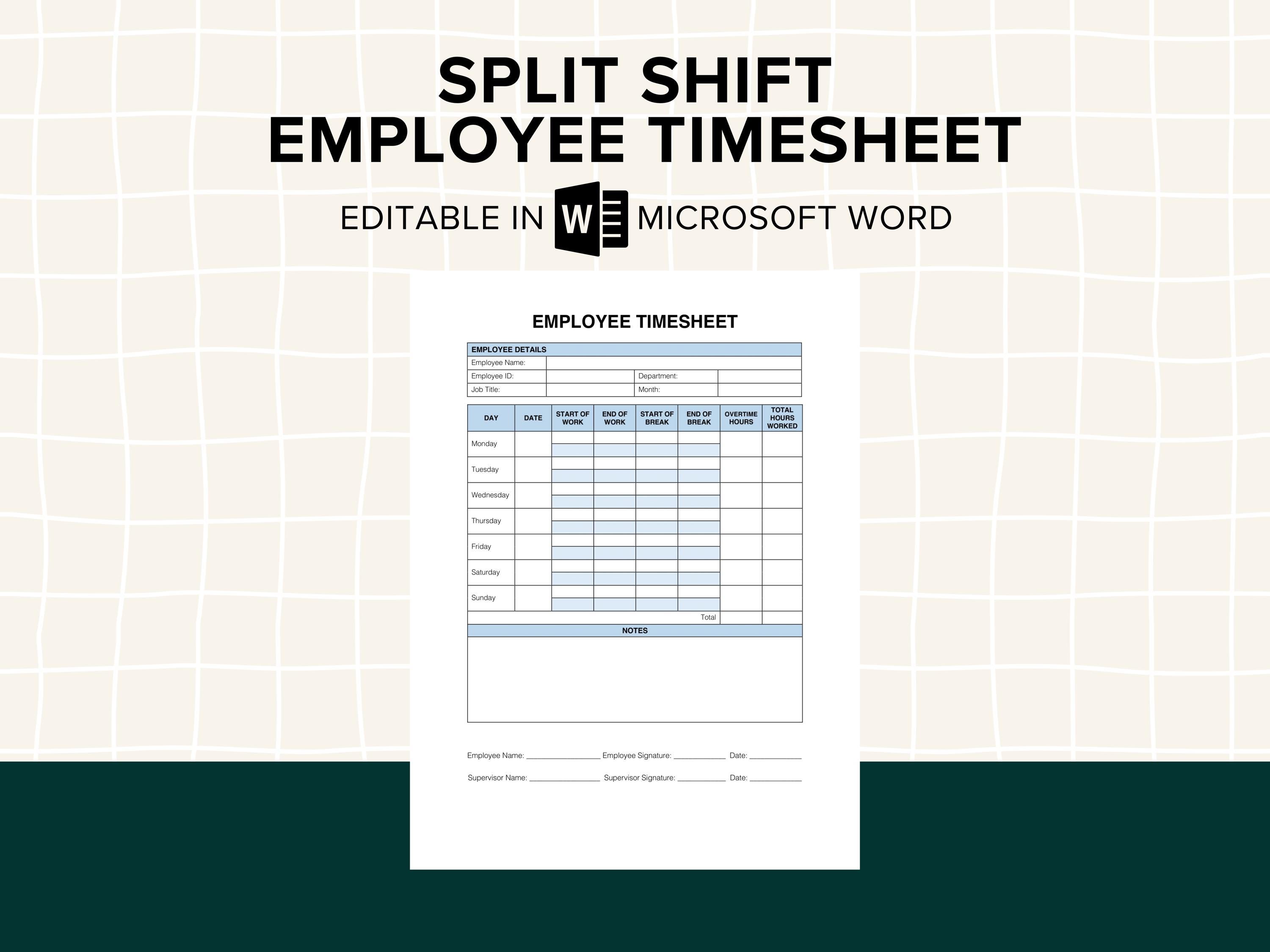 Printable Weekly Time Sheet, Split Shift, Employee Timesheet Log Form ...
