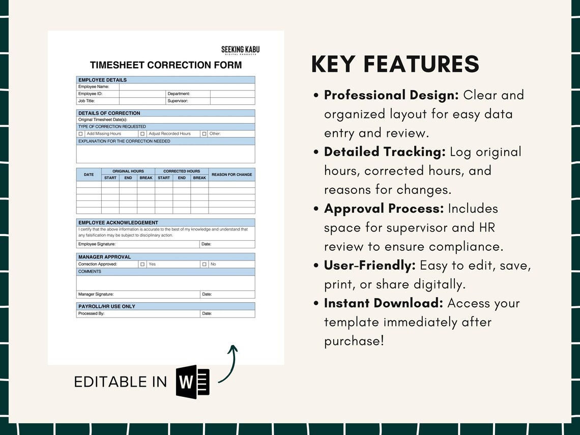 Employee Timesheet Correction Form, Editable Word and PDF, HR Forms ...