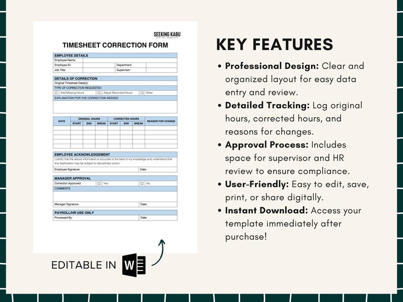Employee Timesheet Correction Form, Editable Word and PDF, HR Forms ...