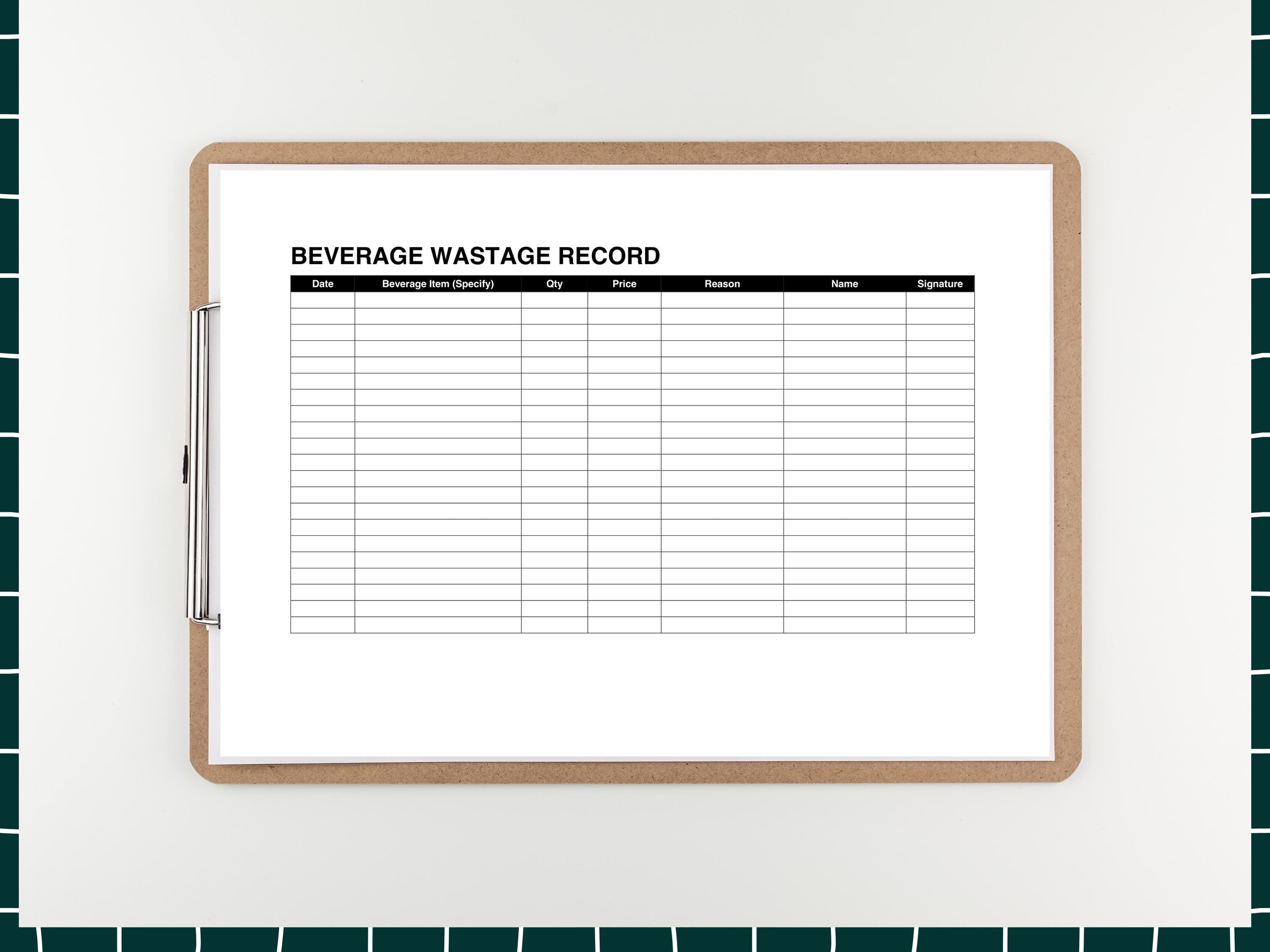 Restaurant Beverage Wastage Tracker, Drink Waste Tracking Sheet, Bar ...