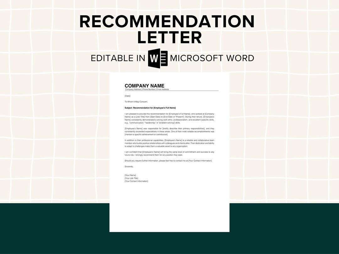Professional Recommendation Letter Template, Editable Word Template ...