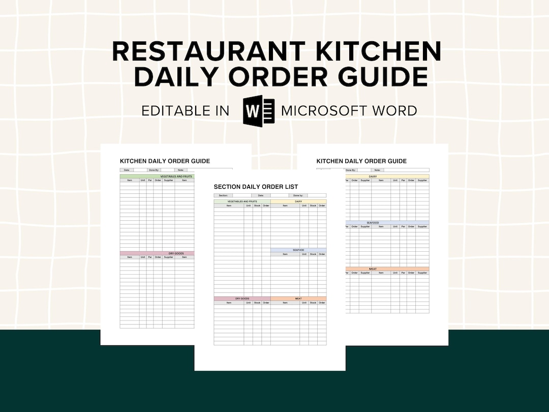 Kitchen Daily Order List, Order Guide. Restaurant and Cafe, Checklist ...