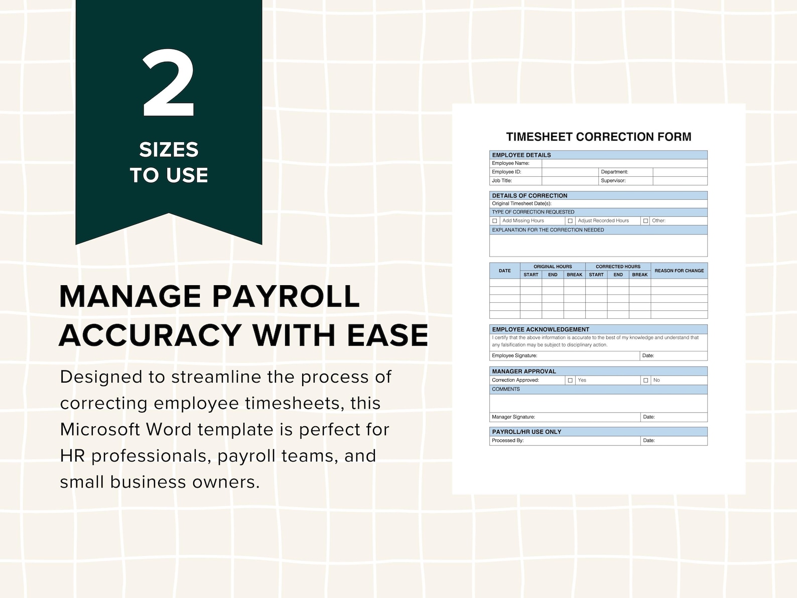 Employee Timesheet Correction Form, Editable Word and PDF, HR Forms ...