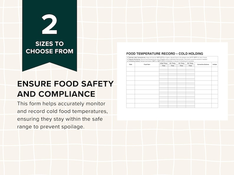 Cold Food Temperature Log, Cold Food Holding Temperature Sheet, Food ...