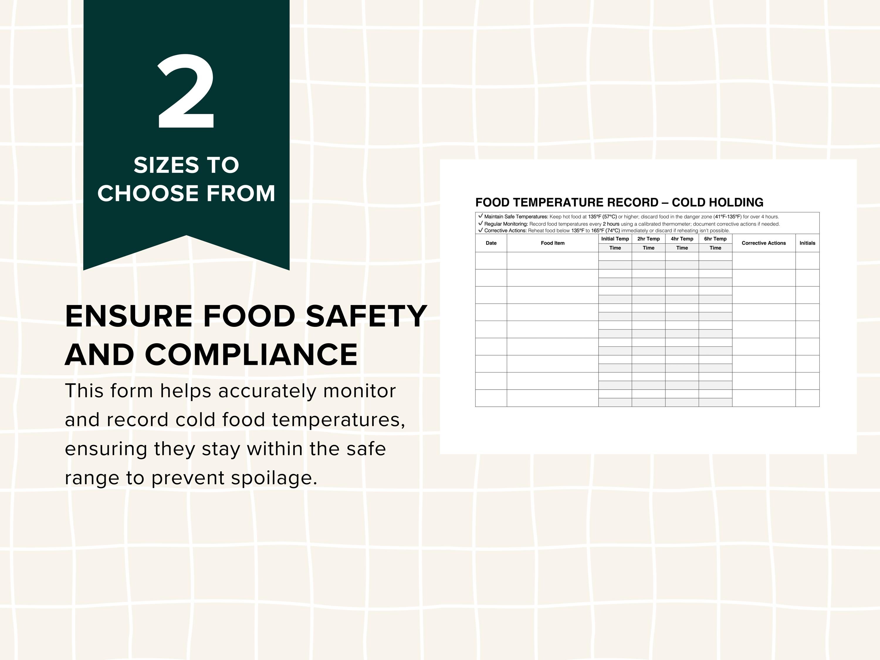 Cold Food Temperature Log, Cold Food Holding Temperature Sheet, Food ...