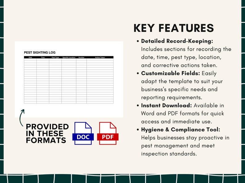 Editable Pest Sighting Log, Pest Control Sheet, Pest Tracking Form ...