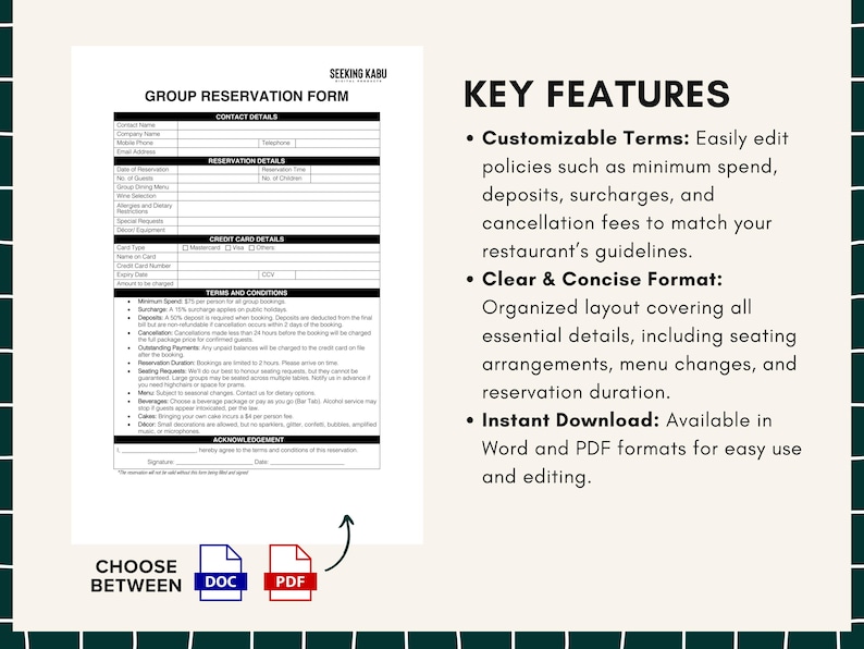 Editable Restaurant Reservation Sheet, Large Groups, Events, Editable ...