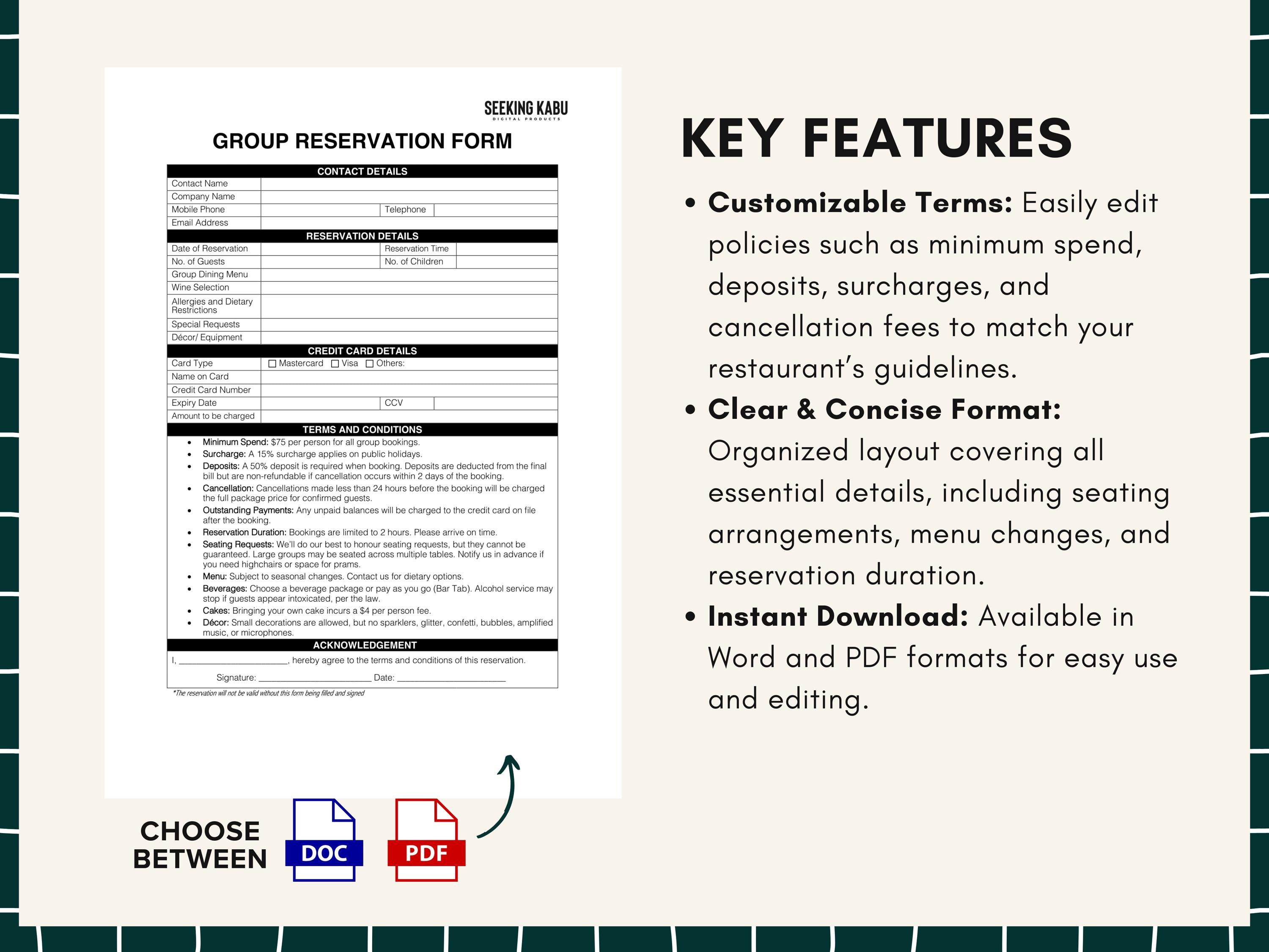 Editable Restaurant Reservation Sheet, Large Groups, Events, Editable ...