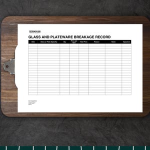 Wastage Record Sheets for Food, Beverage Glass and Plate Breakage Log ...