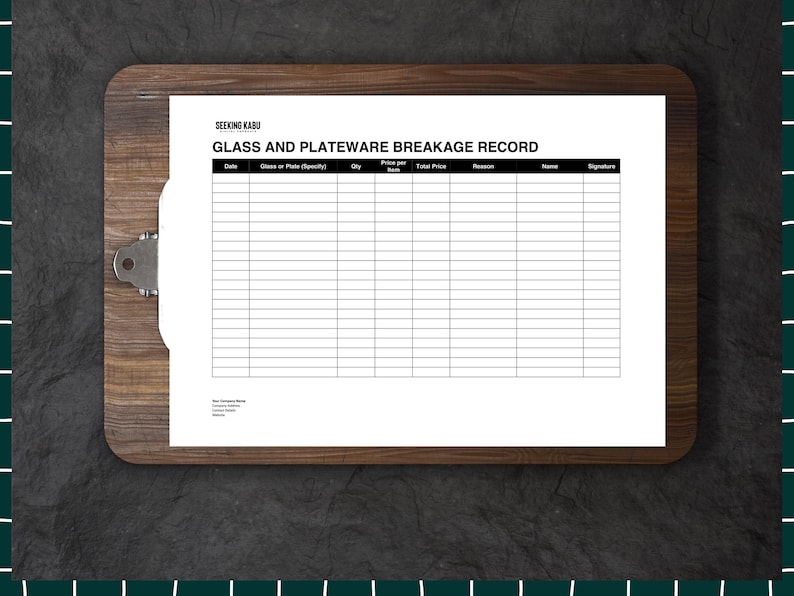Wastage Record Sheets for Food, Beverage Glass and Plate Breakage Log ...