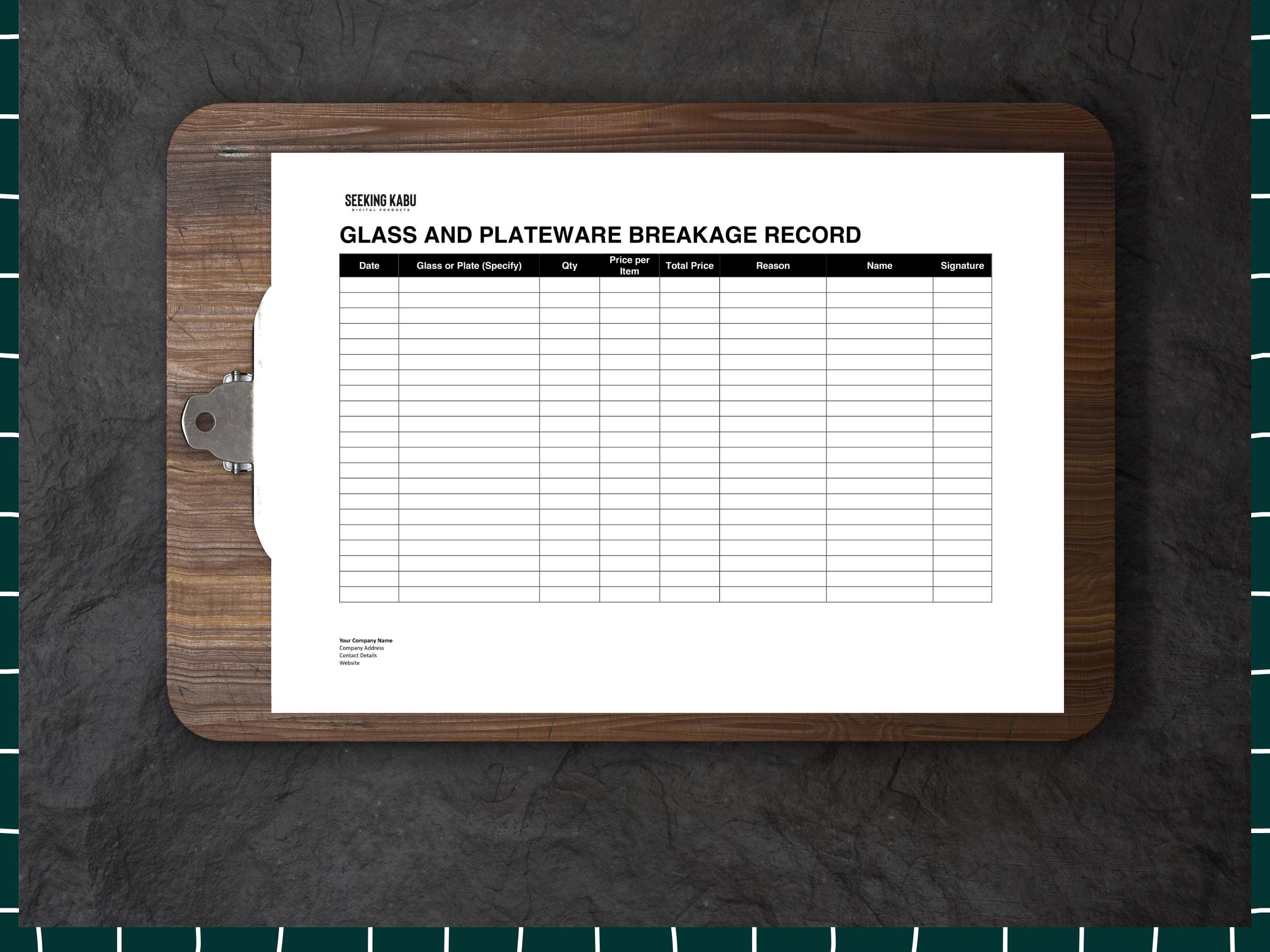 Wastage Record Sheets for Food, Beverage Glass and Plate Breakage Log ...