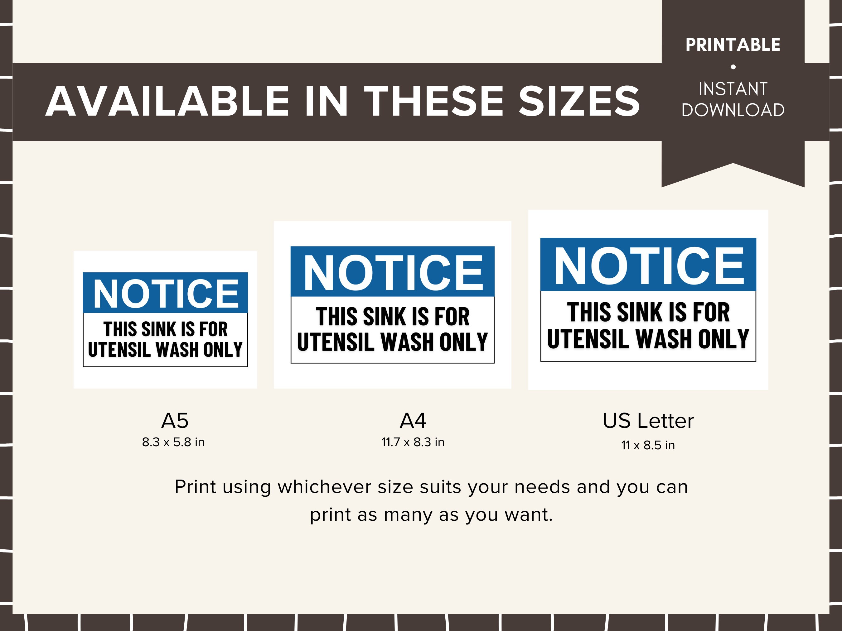 Printable Notice, Utensil Wash Sink Only, Instant Download, Public ...