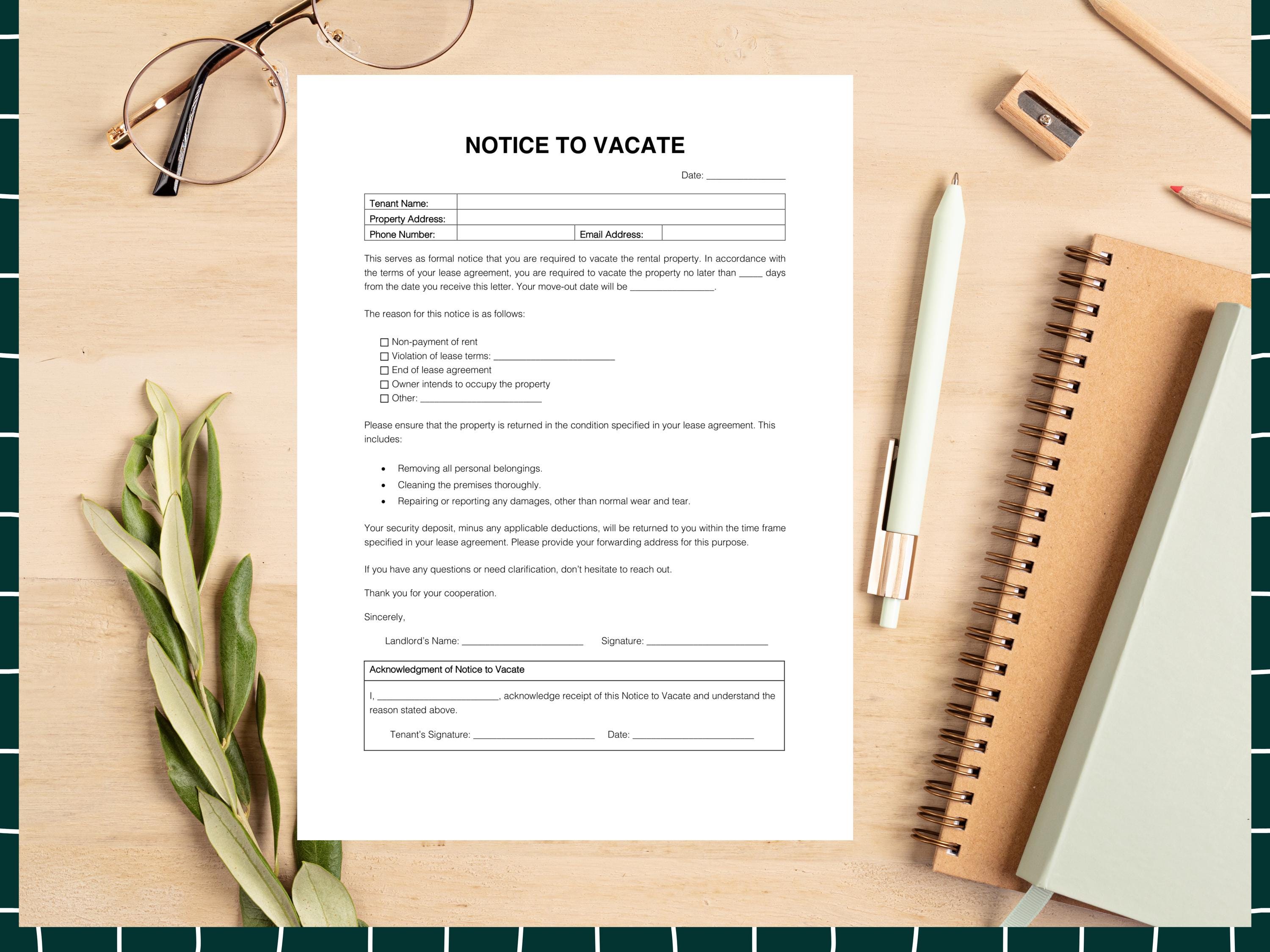 Notice to Vacate Template, Rental Property Eviction Notice, Tenant Move ...