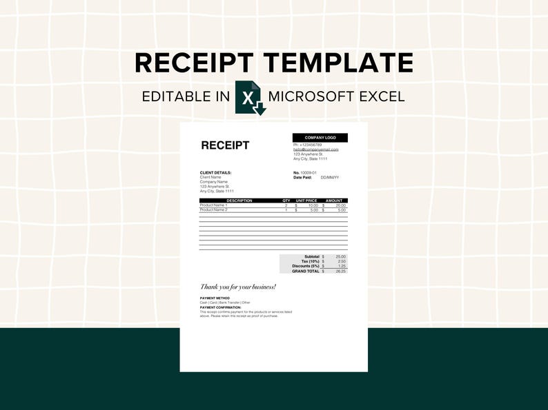 Editable Receipt Excel Template, Custom Printable Business Forms ...