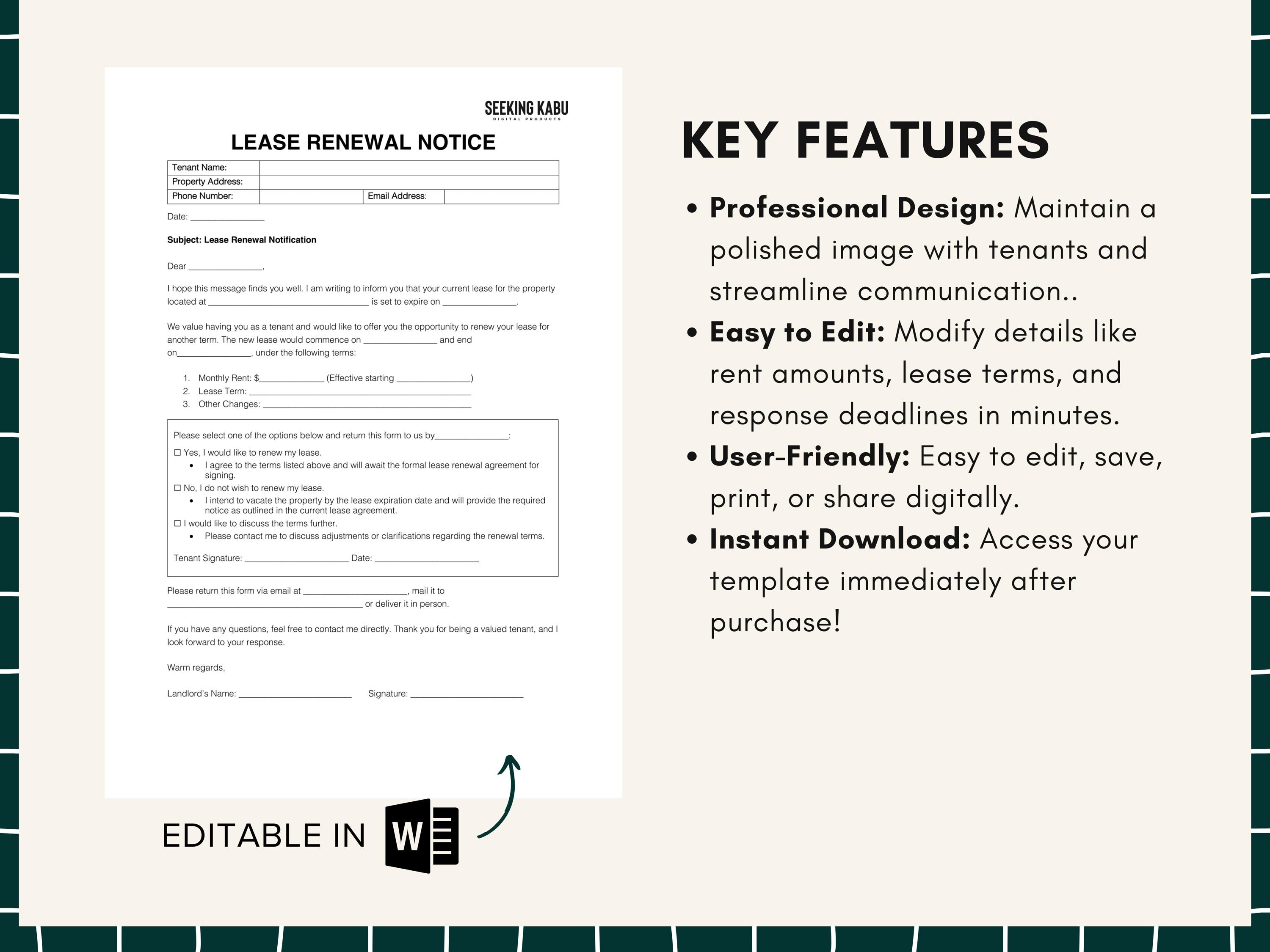 Lease Renewal Notice Template, Landlord, Tenant Letter, Property ...