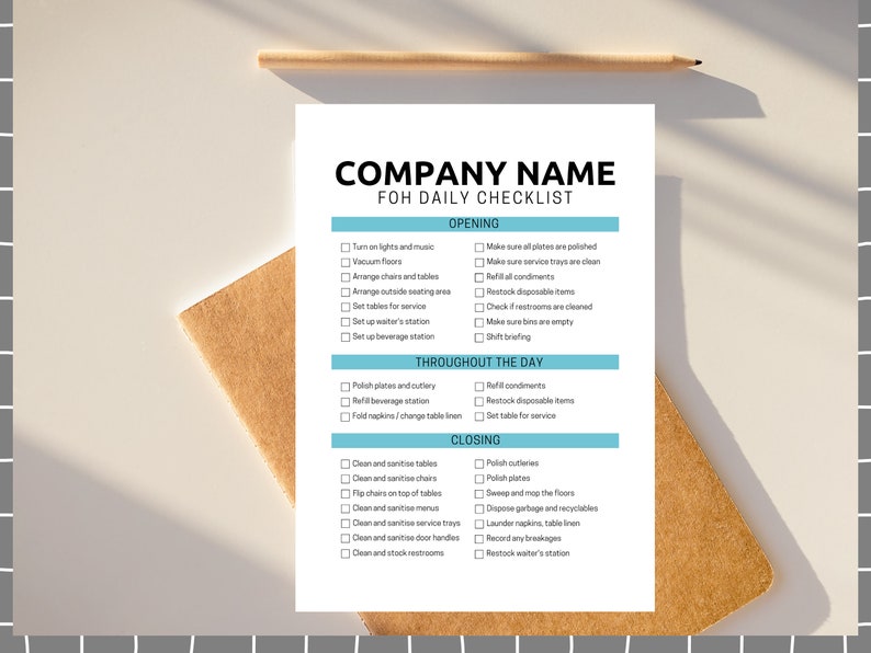 FOH Restaurant Daily Checklist, for Server, Manager and Bartender, for ...