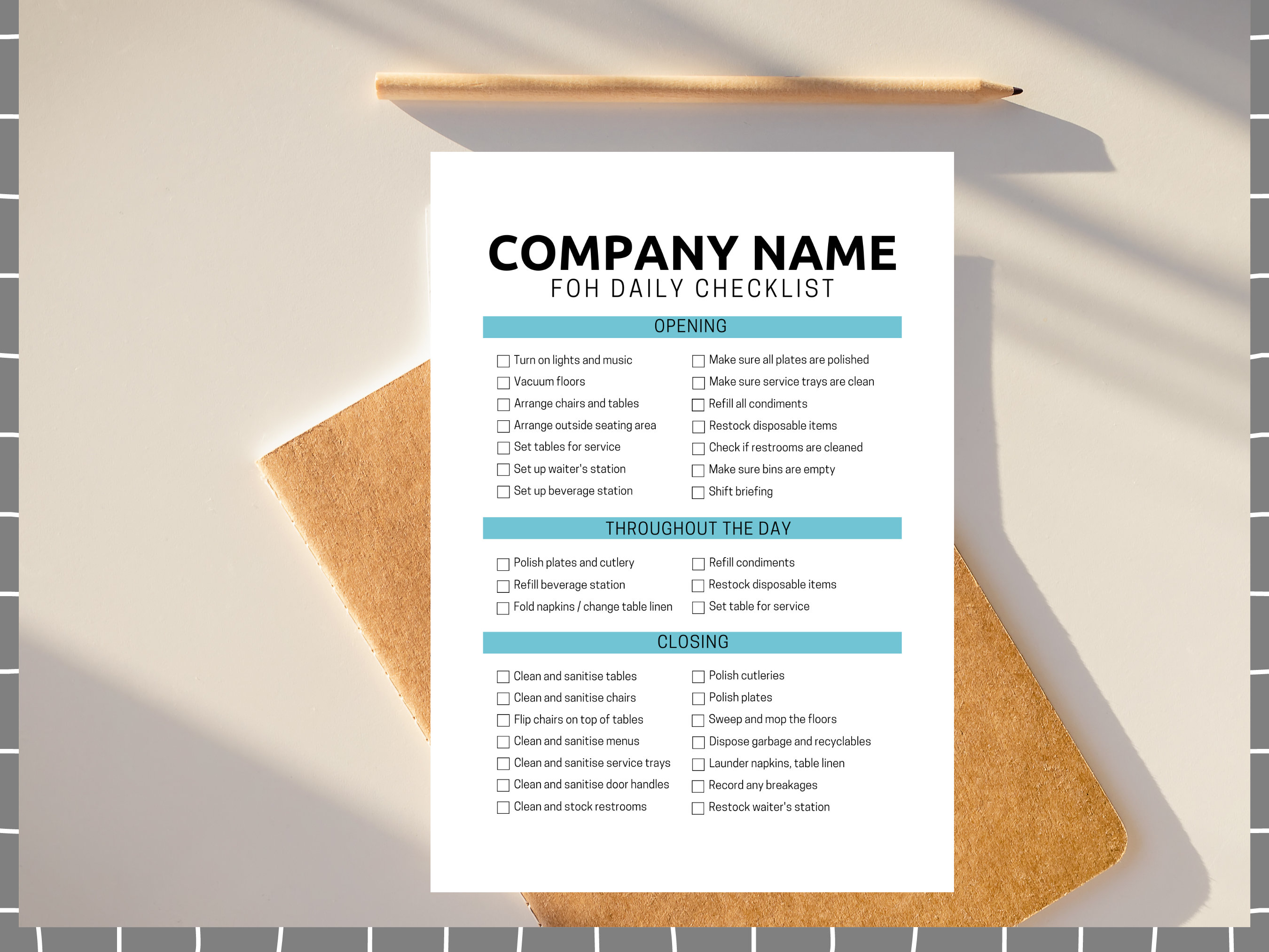 FOH Restaurant Daily Checklist, for Server, Manager and Bartender, for ...