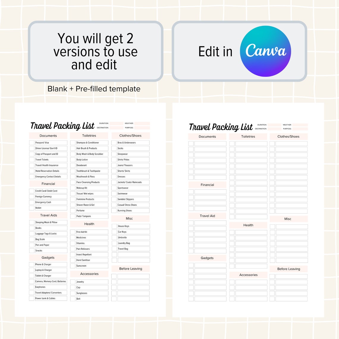 Editable Packing Checklist, Travel Packing List for Vacation, Business ...