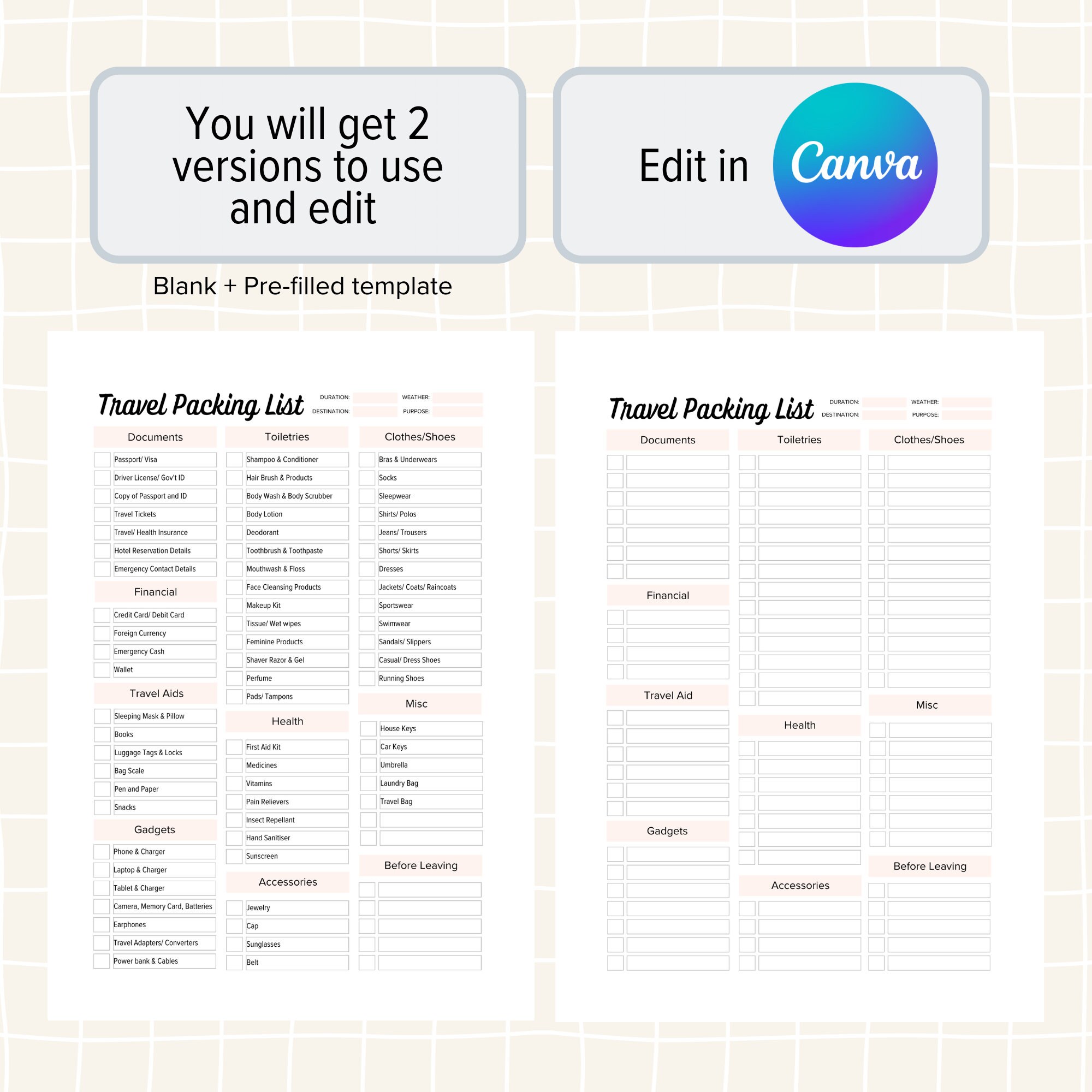 Editable Packing Checklist, Travel Packing List for Vacation, Business ...