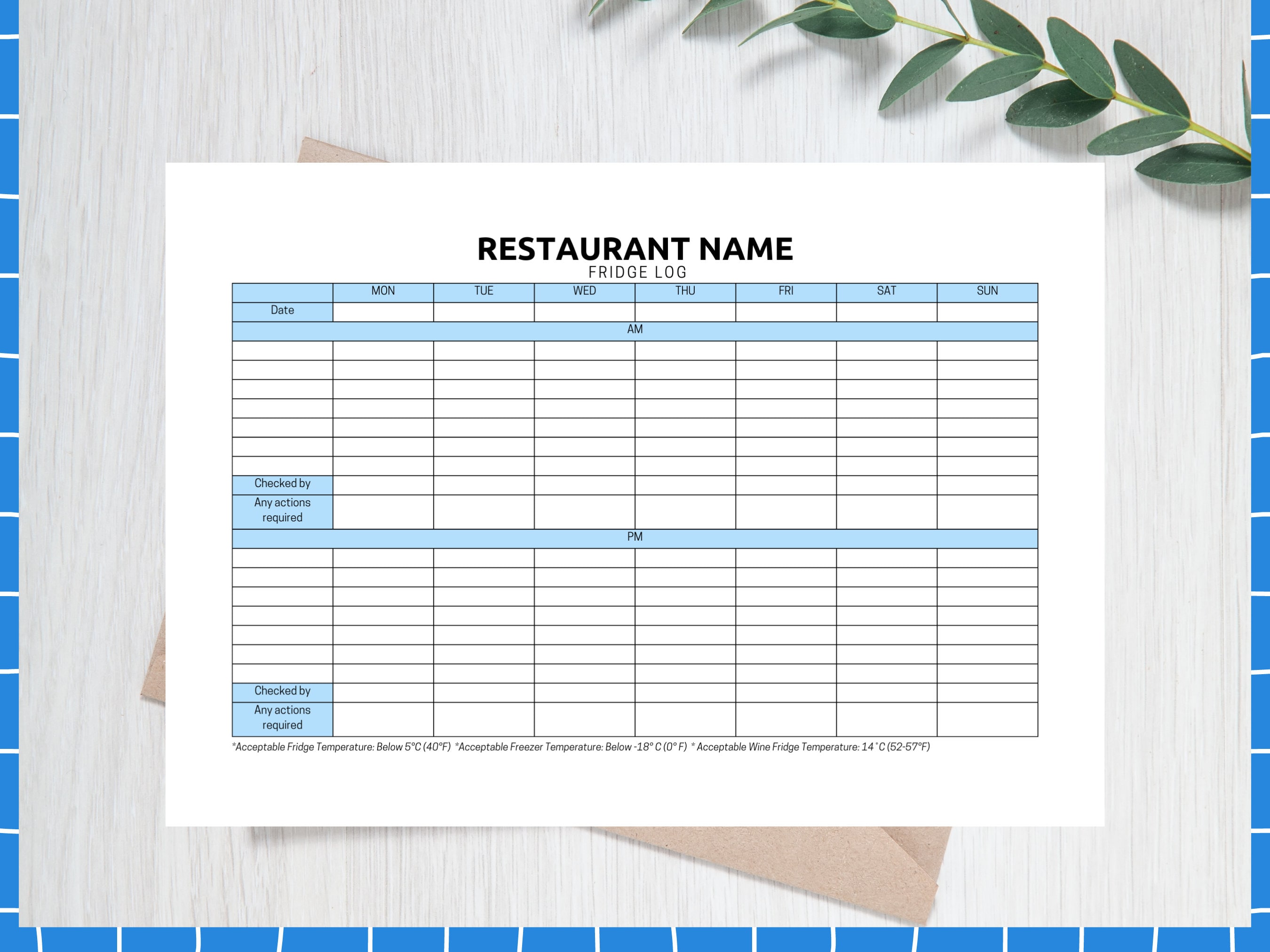 Restaurant Fridge Temperature Log, Commercial Kitchen and Bar, AM and ...