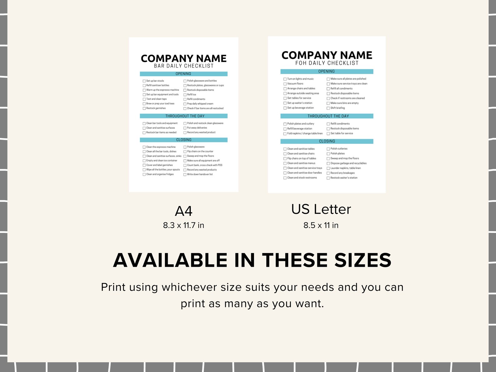 FOH Restaurant Daily Checklist, for Server, Manager and Bartender, for ...