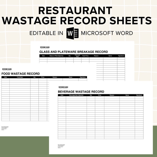 Restaurant Wastage Record Sheet Food, Beverage, Glassware and Plateware ...